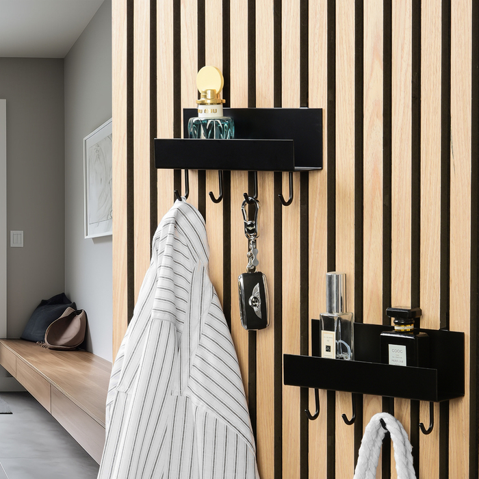 Hylde med knager til akustikpanel mat sort | jem & fix